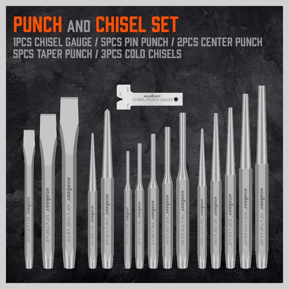 16-Piece Punch and Chisel Set, Taper Punch, Cold Chisels, Pin Punch ...