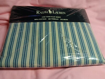 New Vtg Ralph Lauren Claudine Flat Twin Sheet Blue & Off White Striped ...
