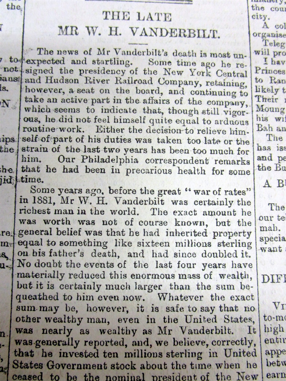 1885 newspaper w news of the DEATH of the WEALTHIEST AMERICAN WILLIAM ...