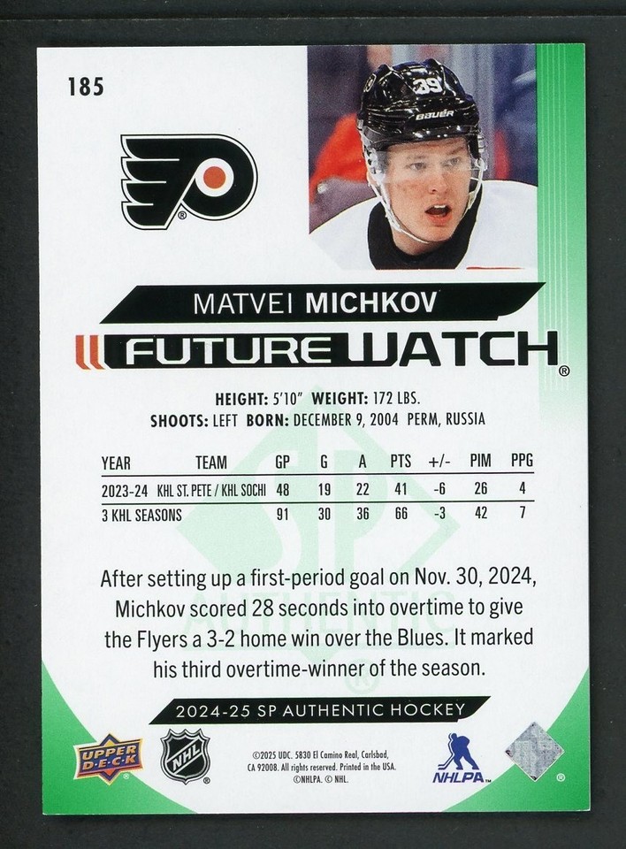2024-25 SP Authentic Matvei Michkov Future Watch Limited Rookie Green /199 | eBay