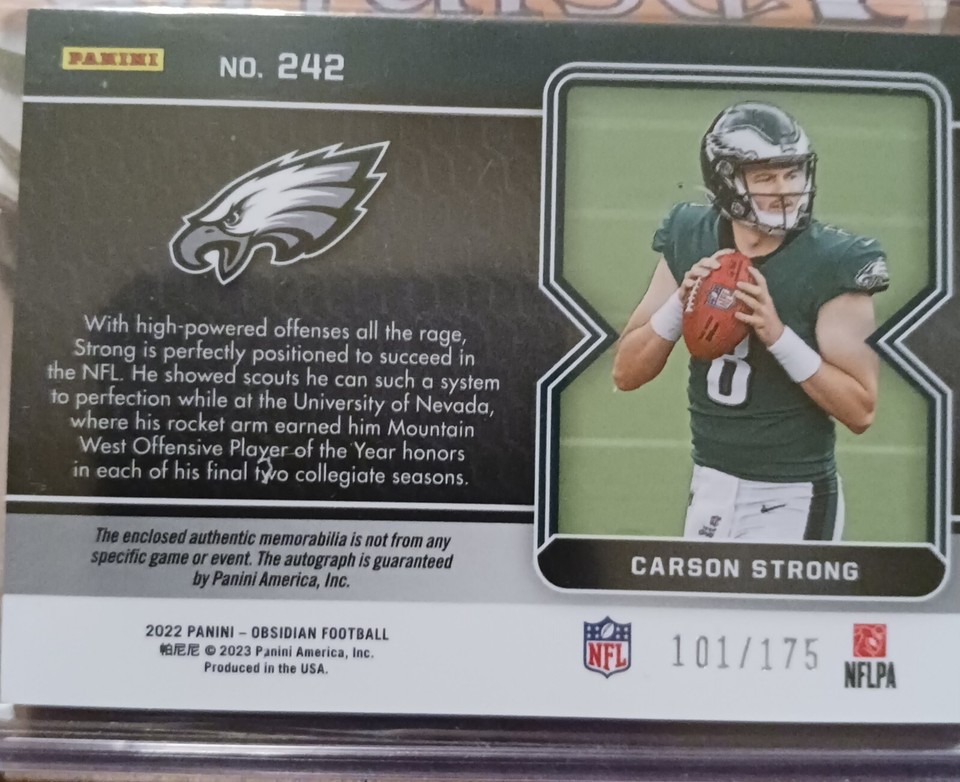 2022 Obsidian Carson Strong Rookie Patch Auto RPA /175 Eagles RC | eBay