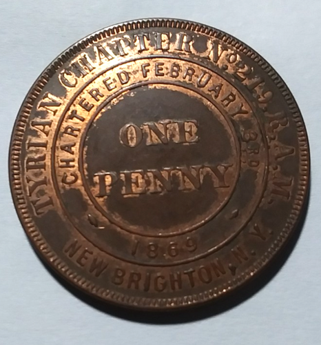 1869 Masonic One Penny Coin Token Tyrian Charter No 219 New Brighton NY ...