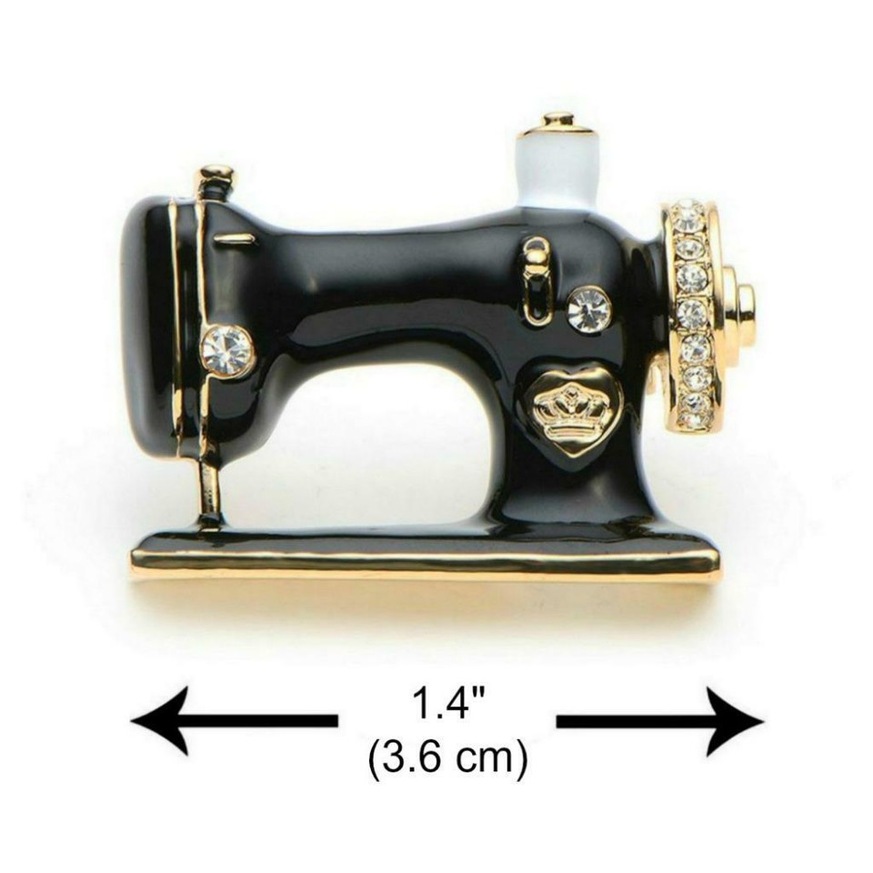 SEWING MACHINE BROOCH 1.4" Gold Black Enamel Pin Rhinestone DIY Arts ...