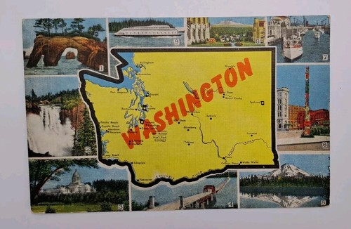 Washington State Map, Landmarks and Attractions, Vintage Postcard Linen ...