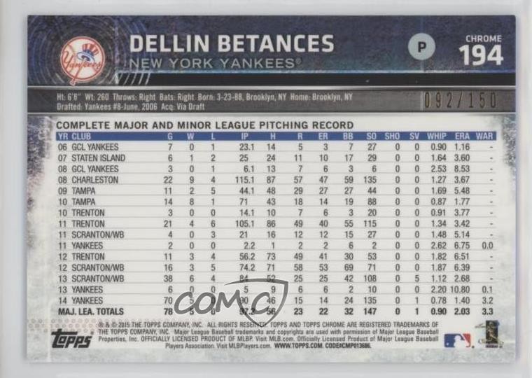 2015 Topps Chrome Blue Refractor 92/150 Dellin Betances #194 0x0k | eBay UK