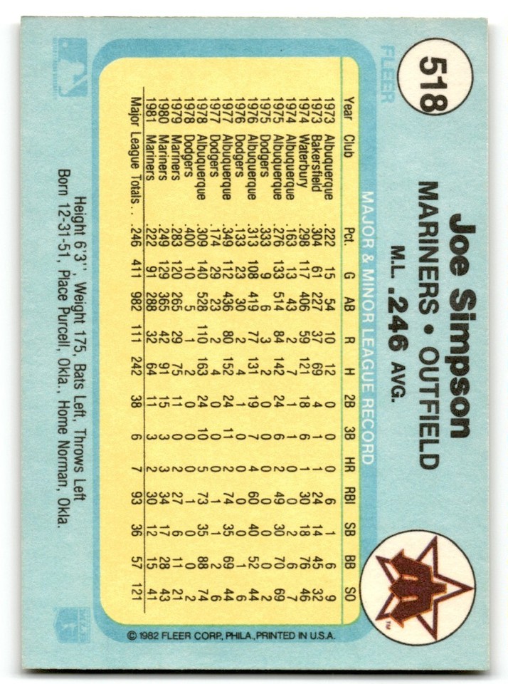 1982 Fleer Joe Simpson Seattle Mariners #518 | eBay