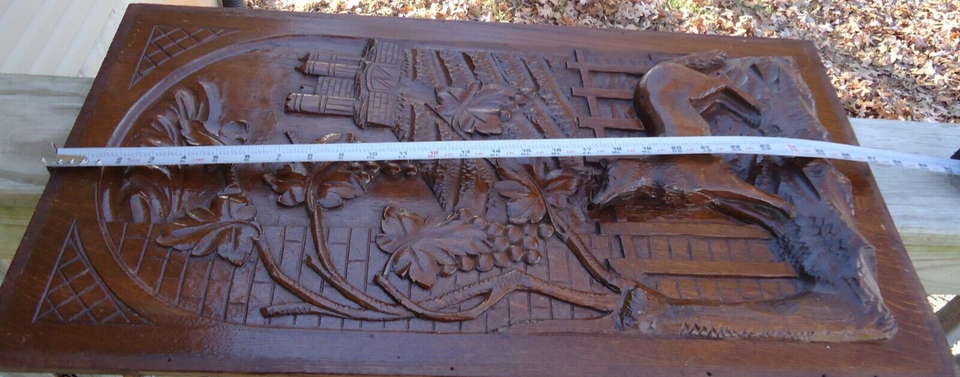 VTG Hand Carved Wood Relief Wolf Fox Castle Grapes Wall Panel Hardwood ...
