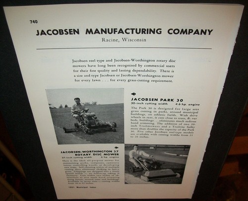 VINTAGE 1951 JACOBSEN MFG. CO. LAWN MOWER ADVERTISEMENT REMOVED FROM ...