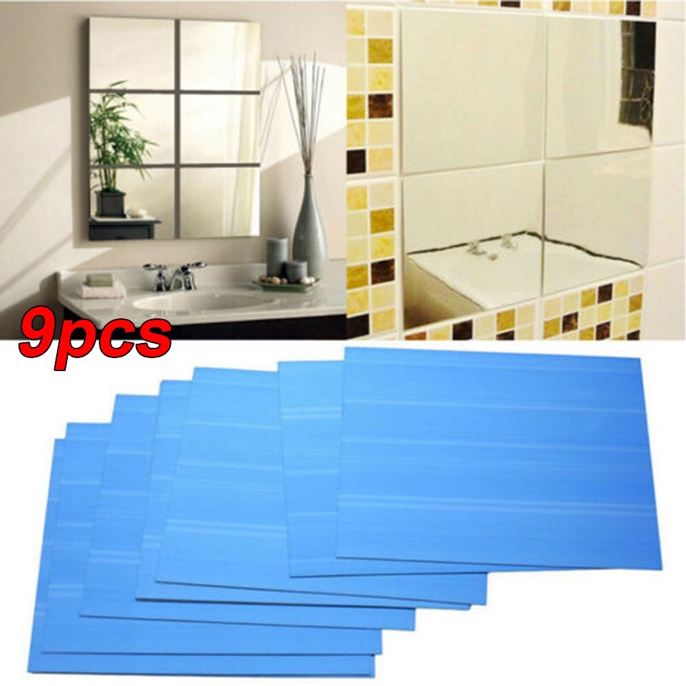 9x Silver Mirror Tiles Self Adhesive Back Square Bathroom Wall Sticker ...