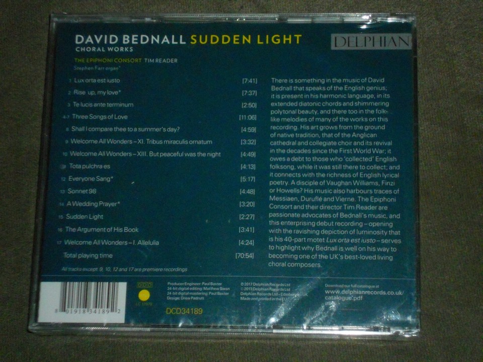 David Bednall: Sudden Light - Choral Works (CD, Jul-2017, Delphian ...