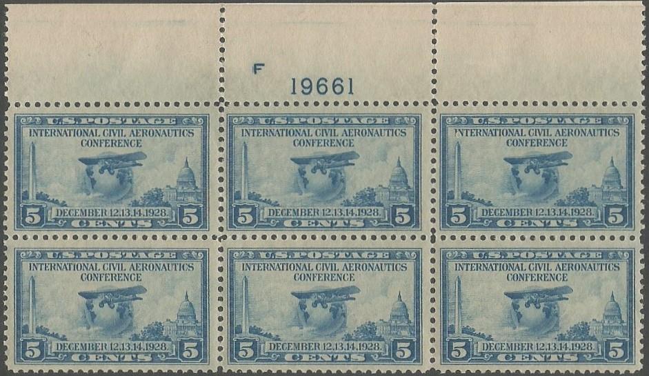 Plate Block of 6 stamps - Scott 650 - 5 cent - Civil Aeronautics - 1928 ...