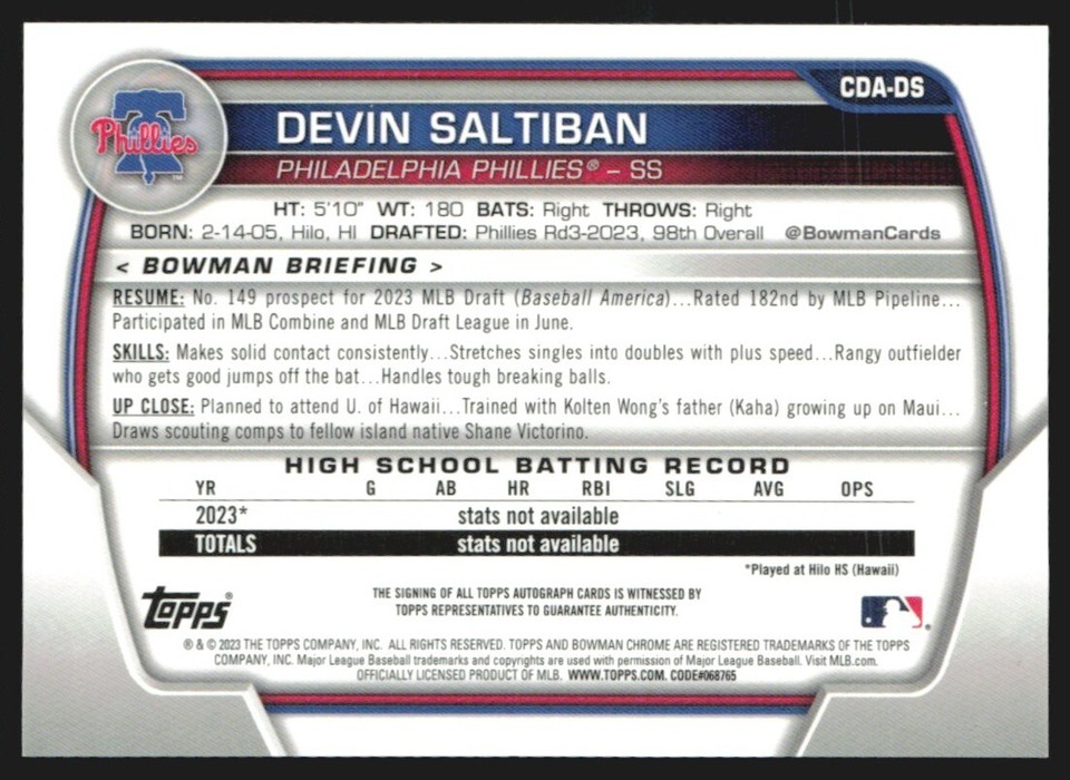 2023 Bowman Draft Chrome Prospects Auto Devin Saltiban #CDA-DS TS8 | eBay
