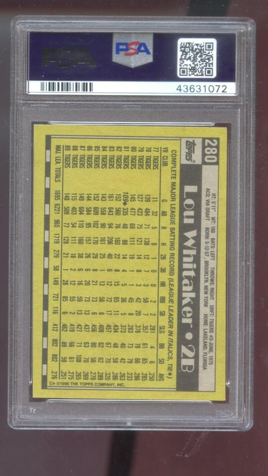 1990 Topps #280 Lou Whitaker AUTO SIGNED Autograph Card PSA/DNA ...