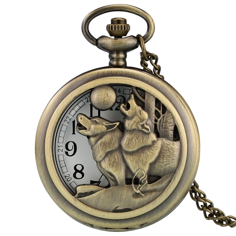 Vintage Bronze Wolf Dog Moon Pendant Quartz Pocket Watch Necklace Chain ...