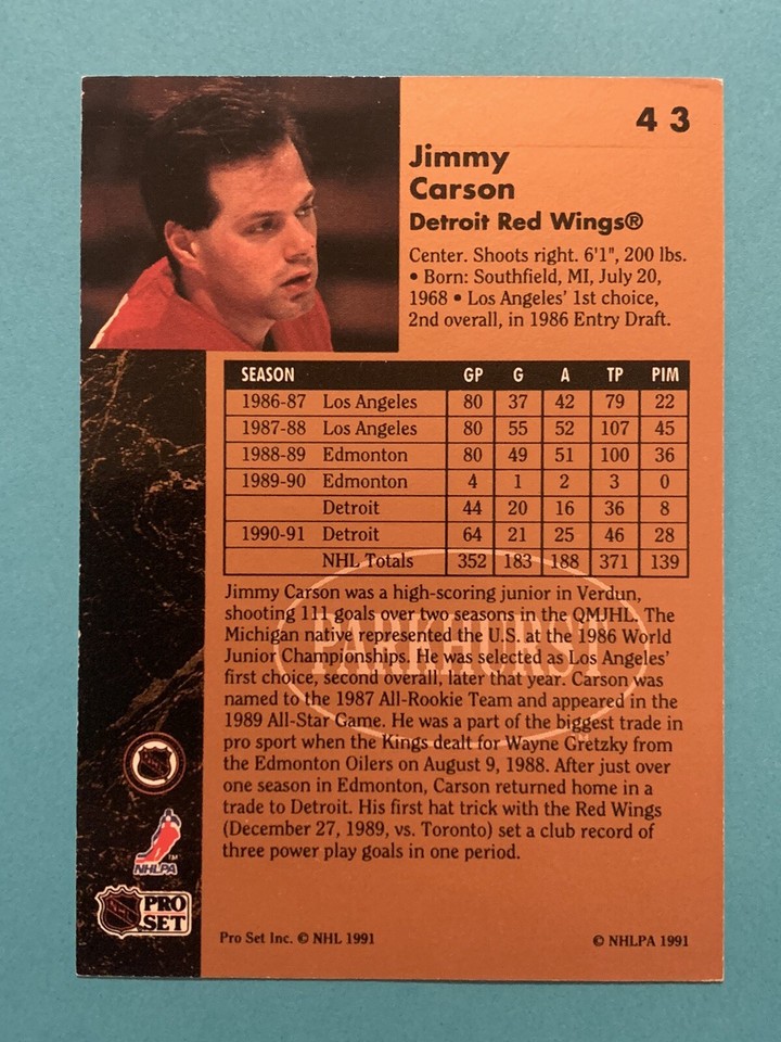 JIMMY CARSON Signed 1991-92 Parkhurst RED WINGS-LA KINGS-OILERS ...