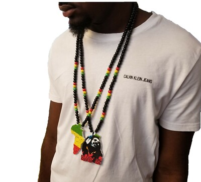 2pcs. Bob Marley Africa Wooden Pendant Necklace Beads Chain Wood Rasta ...