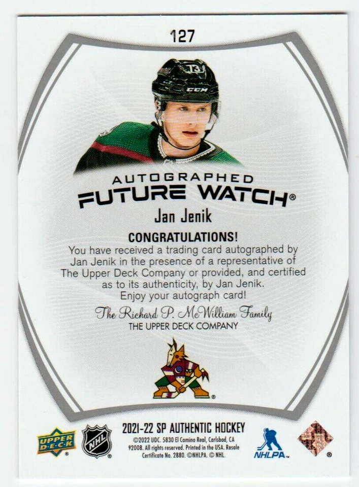 JAN JENIK RC AUTO 2021-22 SP AUTHENTIC FUTURE WATCH /999 ROOKIE ...