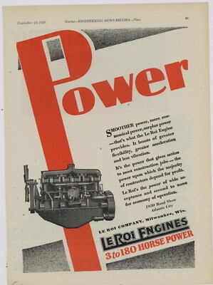 1929 Le Roi Engines Ad: POWER - 1930 Road Show Promo - Atlantic City, 3 ...