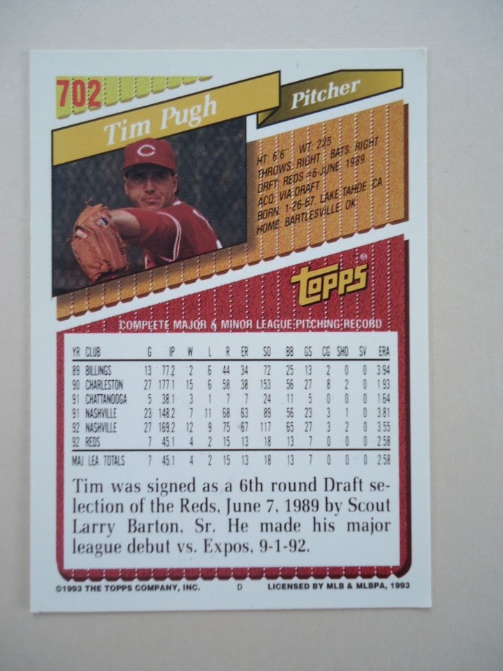 Tim Pugh - 1993 Topps Autographed Baseball card # 702 - Cincinnati Reds ...
