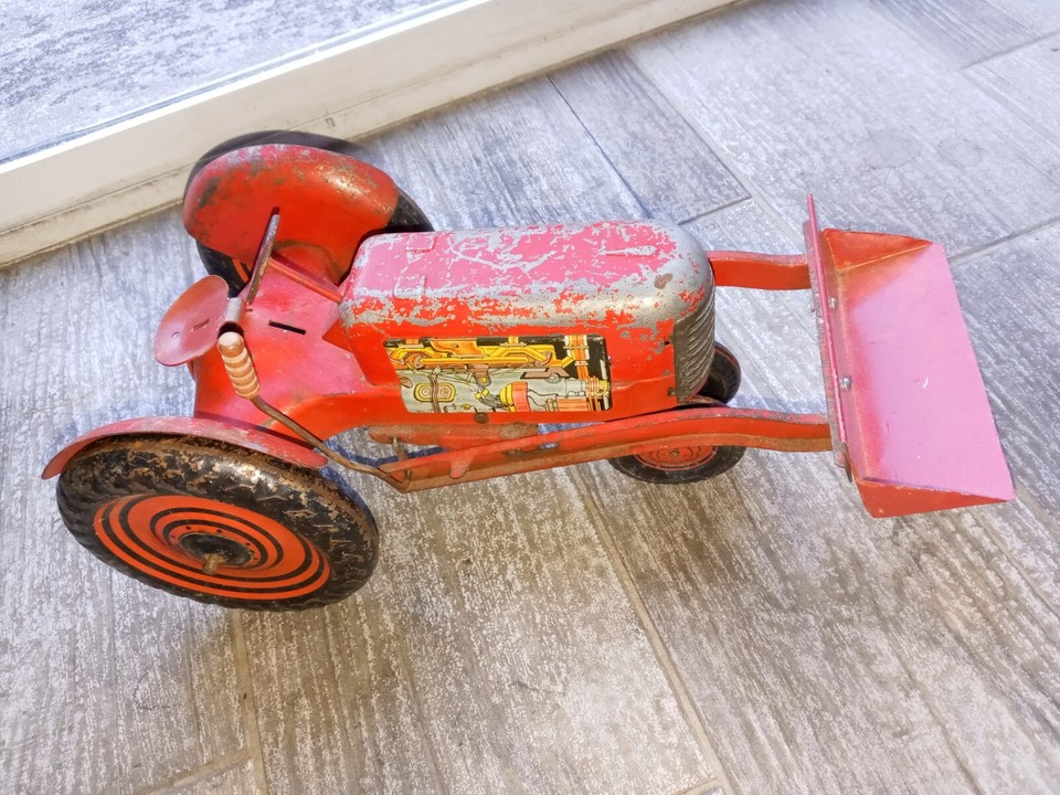Vintage Marx Red Metal Farm Tractor with plow Toy Antique | eBay