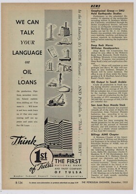 1953 First National Bank of Tulsa Ad: We Talk Your Language on Oil ...