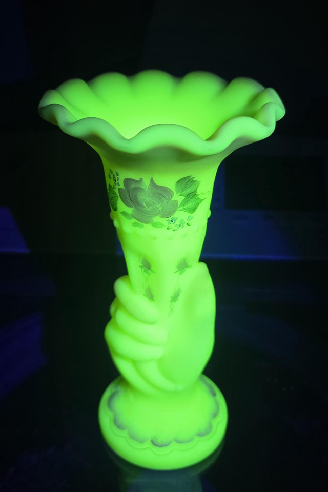 Fenton Burmese Vase with Hand Holding Pink Flowers - Museum Collection ...