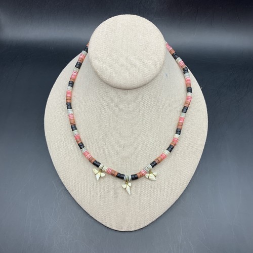 Triple Shark Tooth Necklace Pink Puka Shell Surfer Beach Summer 18 Inch ...
