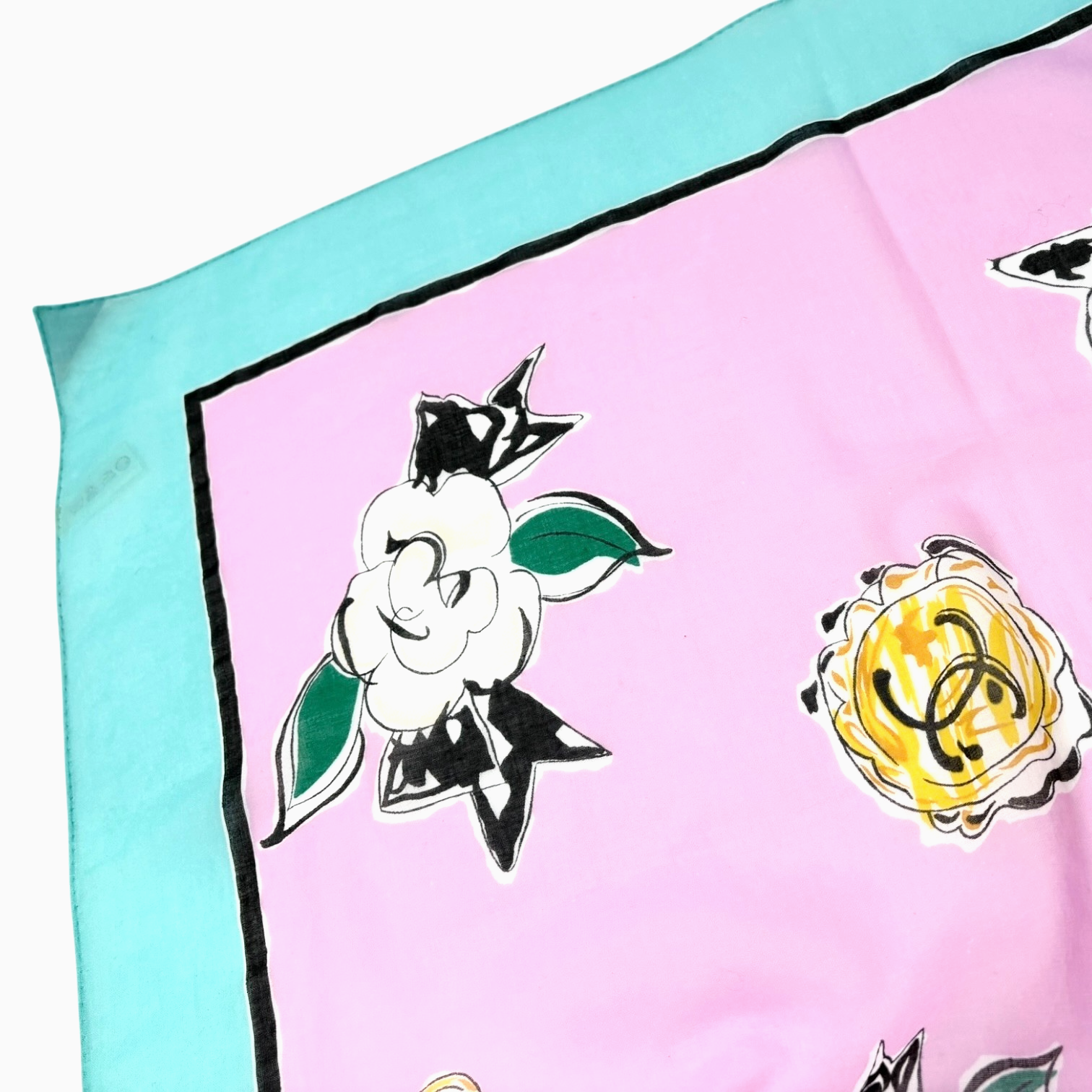 CHANEL Vintage 1994 CC Logo Wrap Scarf Pareo Pink Blue Cotton Camellia ...