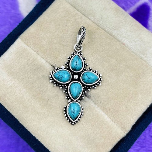 925 Staling Silver Natural Turquoise Gemstone Handmade Jewelry Cross ...