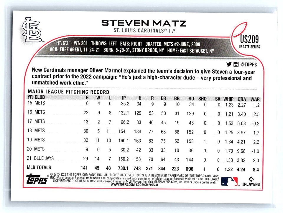 2022 Topps Update Baseball #US209 Steven Matz St. Louis Cardinals | eBay