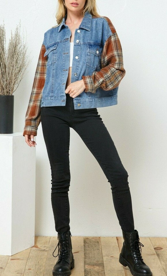 Boho Vintage Western Plaid Jean Shacket Flannel Shirt Washed Denim ...