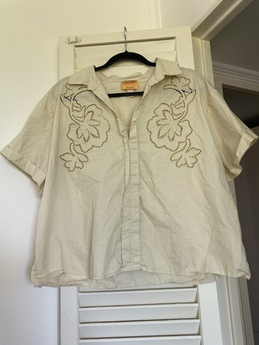 FUTURE COLLECTIVE Women Short Sleeve Eyelet Resort Button-Down Shirt ...