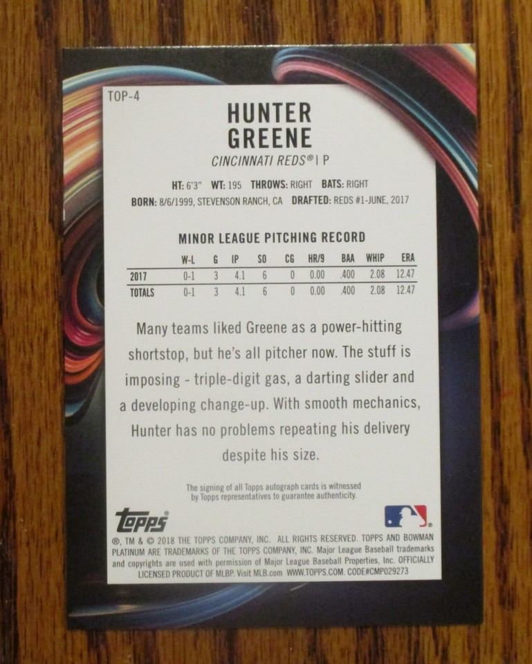 HUNTER GREENE Autograph 2018 Bowman Platinum Top Prospect card #TOP-4 s ...