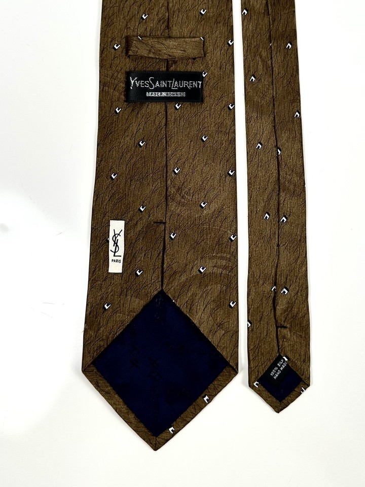 YSL Yves Saint Laurent Brown Silk w/ Abstract Pattern Handmade Necktie ...