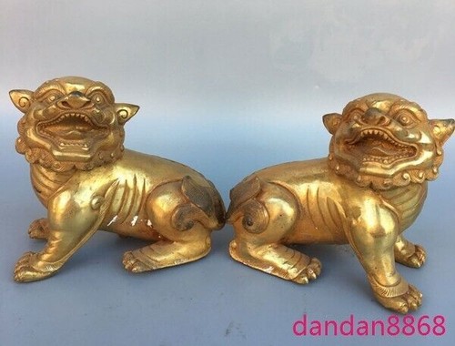 5" China bronze Gilt fengshui PI Xiu Fu Foo Dog Lion sculpture Statue ...