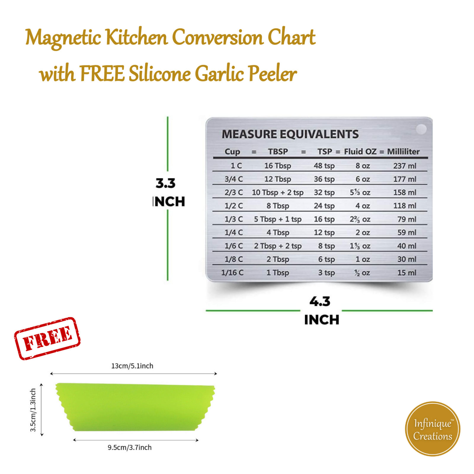 Magnetic Kitchen Conversion Chart with FREE Silicone Garlic Peeler for ...
