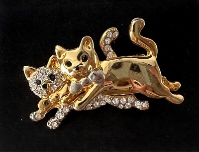 Gold Tone Clear Rhinestone Double Cats Kittens Vtg Brooch Jewelry Lot T ...