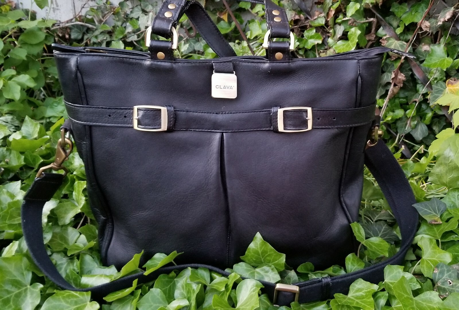 CLAVA Vachetta Black Leather Pleated Buckle Tote Shoulder Handbag EUC ...