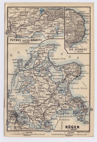 1904 ANTIQUE MAP OF ISLAND RÜGEN PUTBUS GRANITZ STUBNITZ ARKONA POMMERN ...