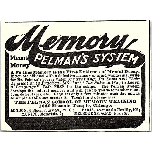 The Pelman School Of Memory Training Chicago IL 1903 Magazine Ad SAG7 ...