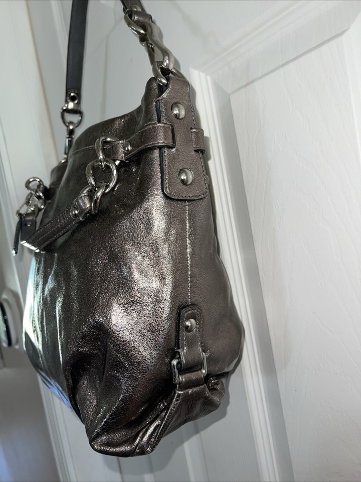 COACH Brooke Handbag Leather Pewter Silver Metallic Hobo Bag Purse ...
