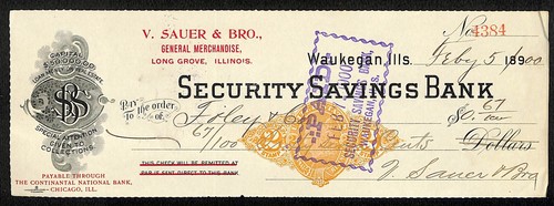 V. Sauer & Bro. Long Grove, IL Gen Mdse 1901 Security Savings Bank ...