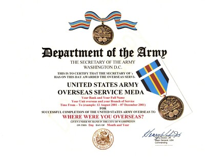 United States Army Overseas Service Medal Certificate with Medal and ...