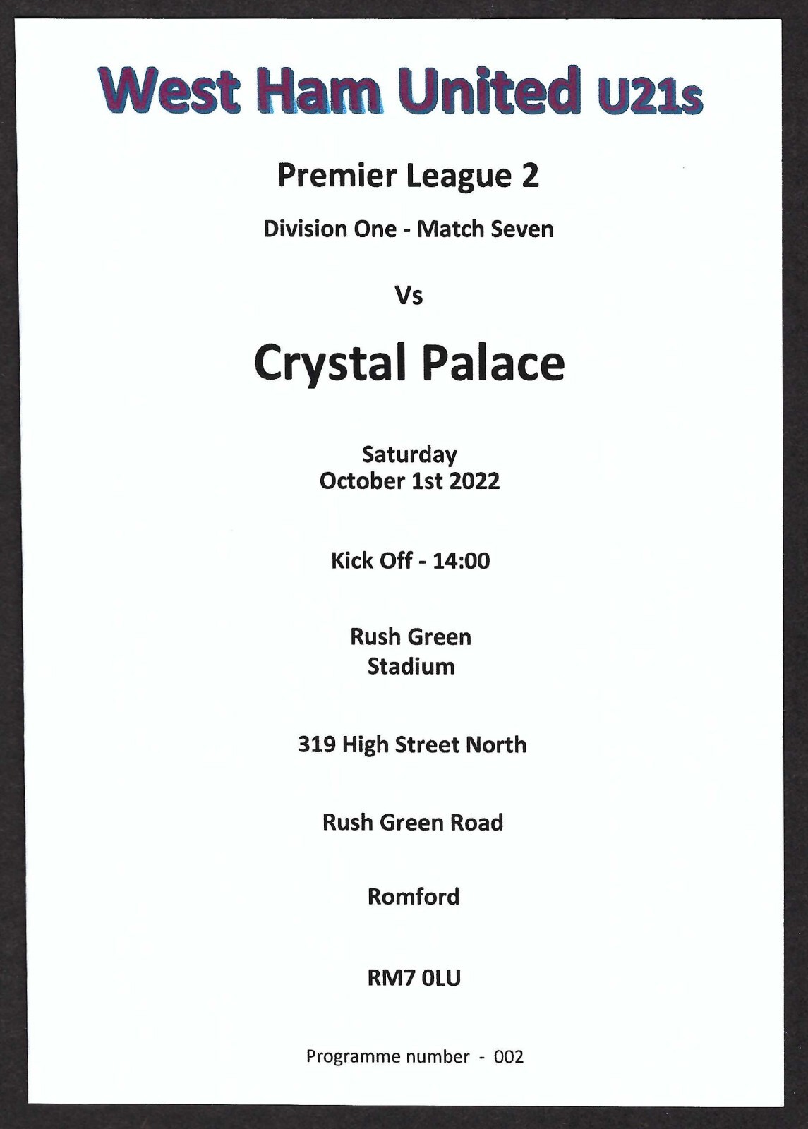 WEST HAM UTD v CRYSTAL PAL 01.10.22 U21 PREMIER LEAGUE 2 DIVISION ONE ...