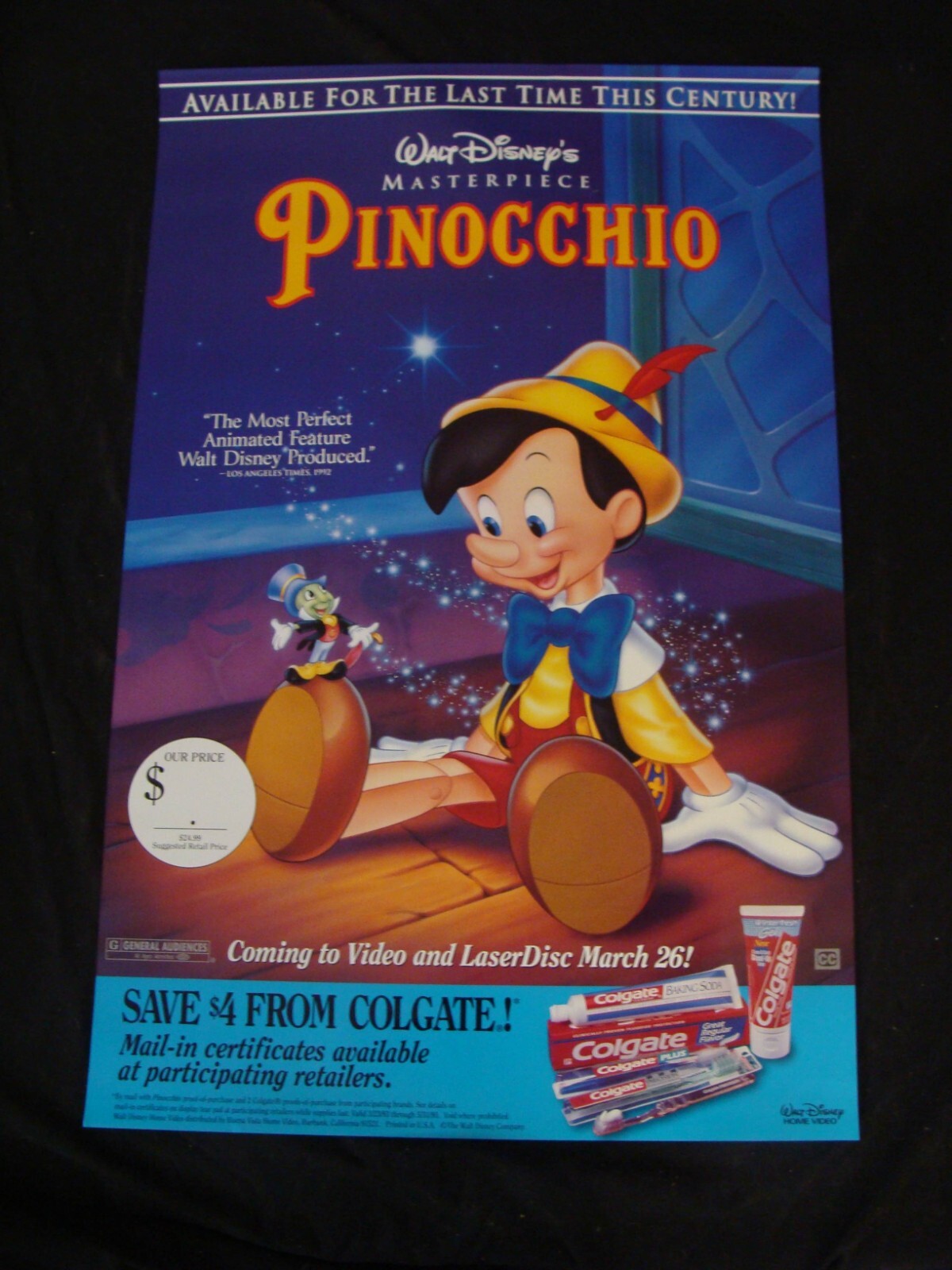 Walt Disney PINOCCHIO movie poster original video store promo COLGATE ...