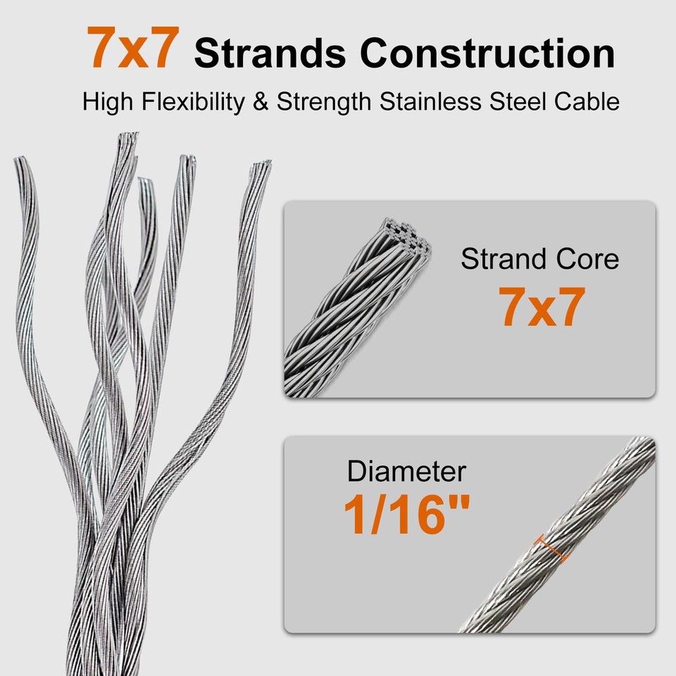 RECTOO 1/16 Stainless Steel Cable 100ft with 8" Wire cable, Silver | eBay