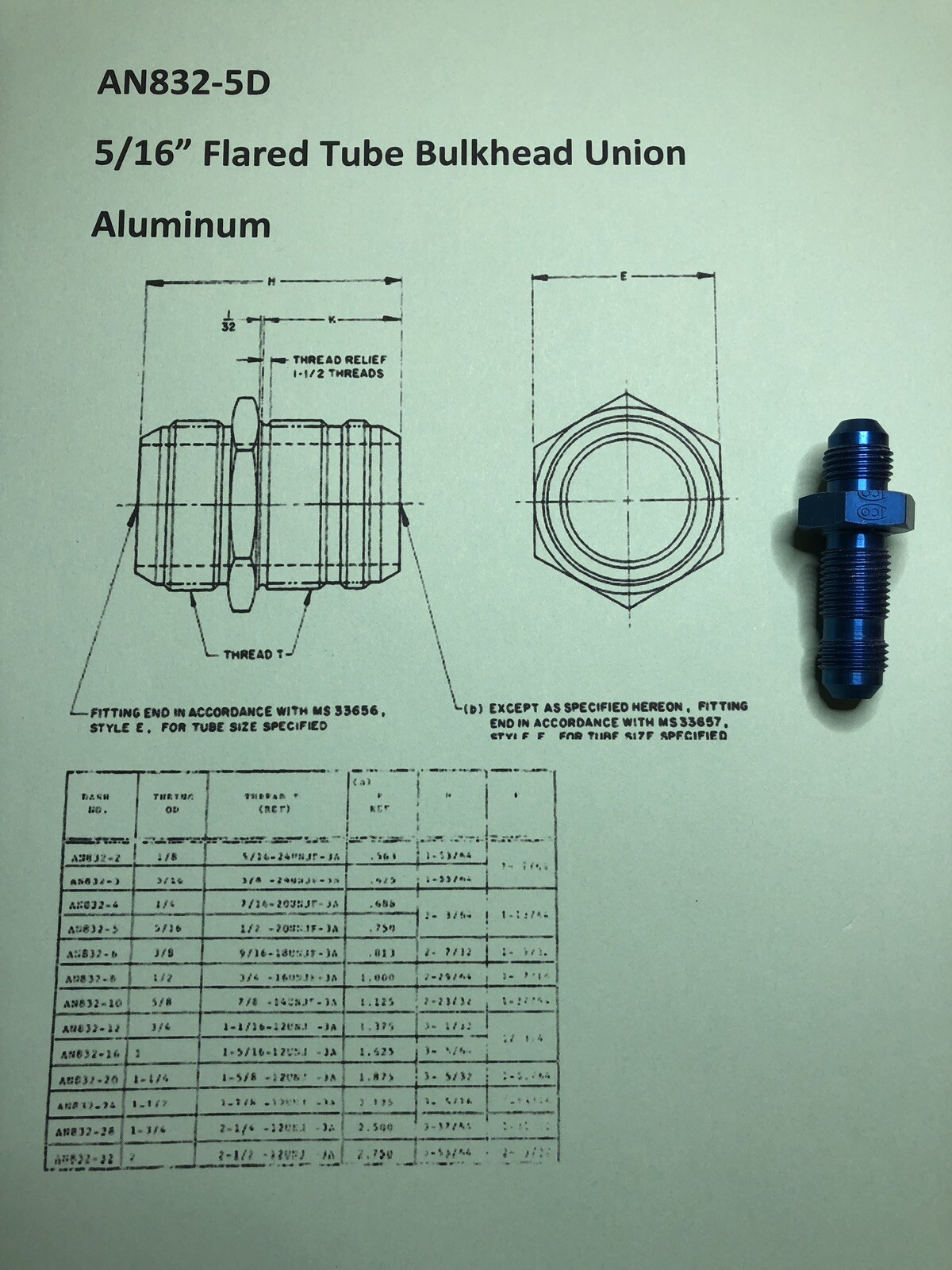 AN832-5D 5/16” Flared Tube Bulkhead Union | eBay