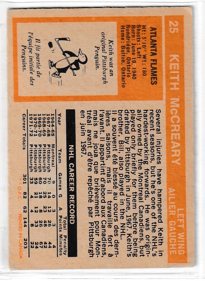 1972-73 O Pee Chee Hockey #25 Keith McCreary Atlanta Flames | eBay