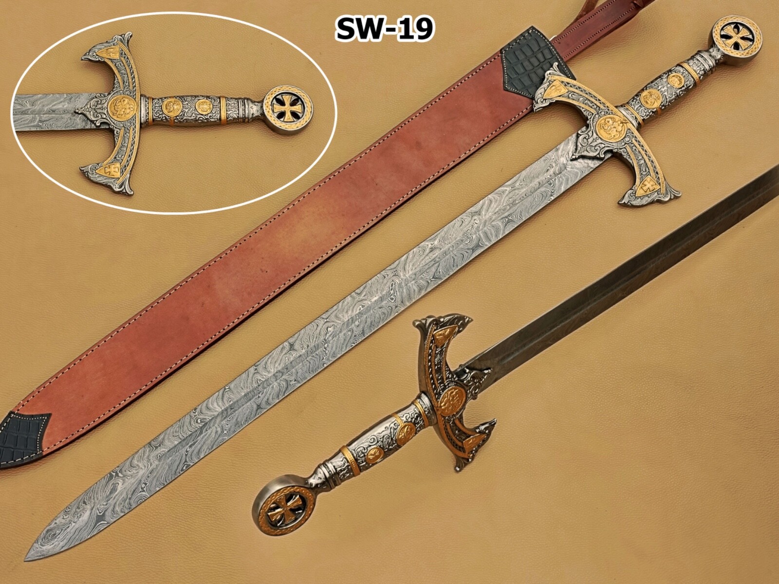 Templar Knights Sacred Holy Longsword Ornate Damascus Steel Medieval ...