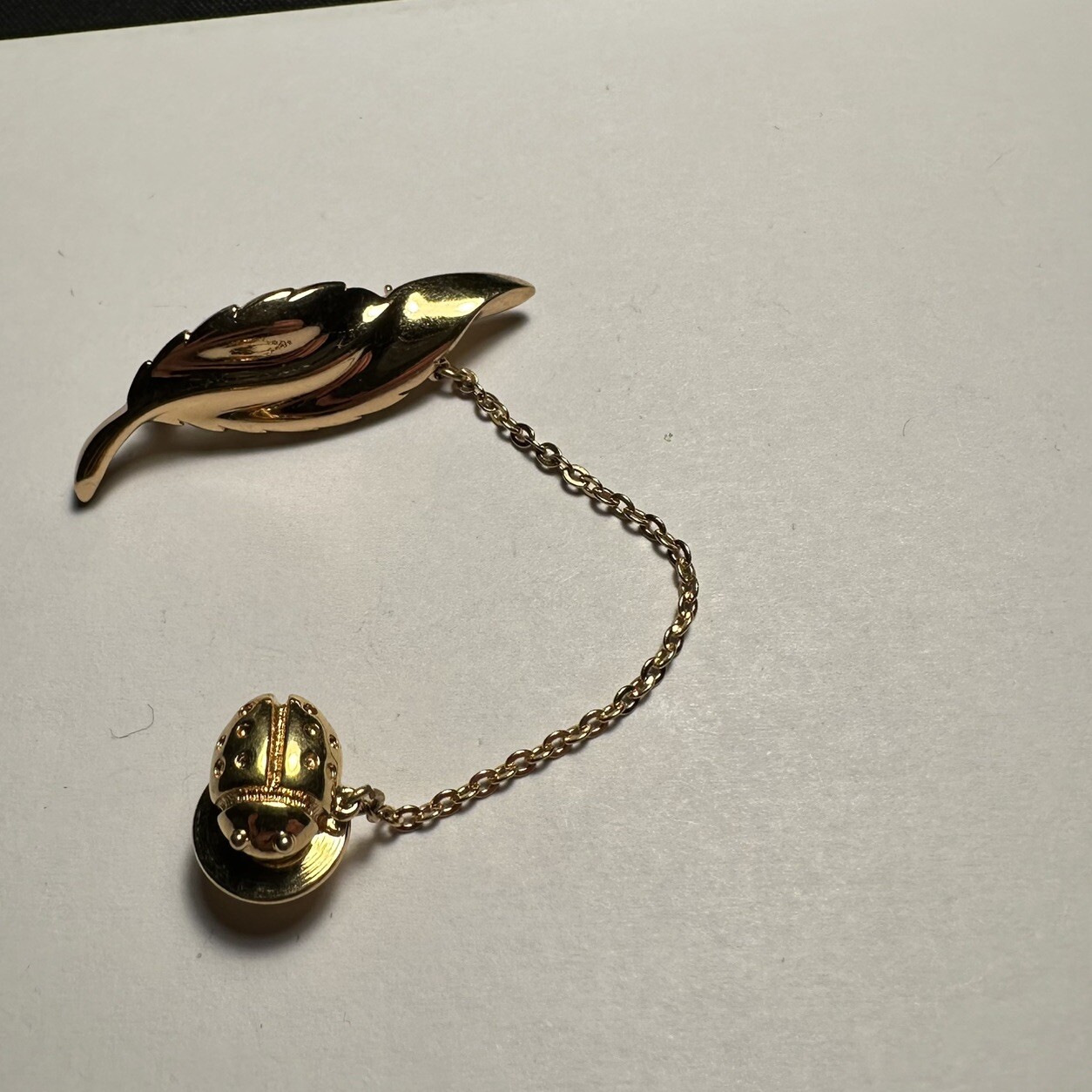 Monet Ladybug Insect & Leaf Chained Brooch Pin Signed - Gem